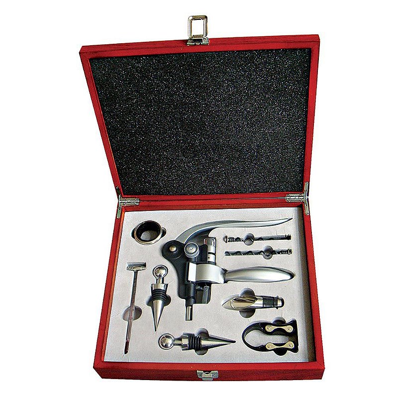 KIT PARA VINHO 10 PCS EM ESTOJO DE MADEIRA - e-utilities.com