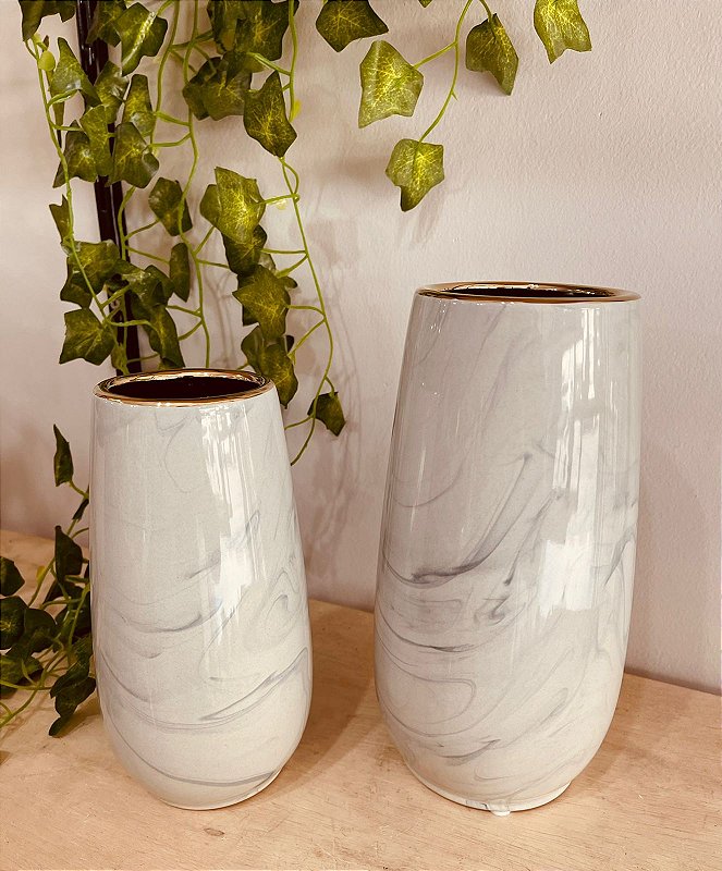 Vaso decorativo cinza marmorizado com dourado - EdCasa Decor