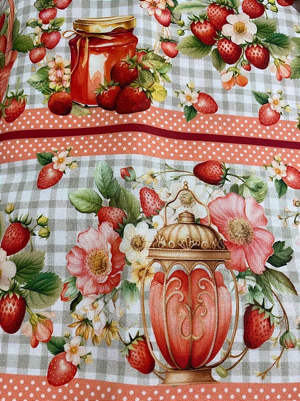 Tricoline Digital com 10 Faixas de Morangos e Passarinhos - Jotalira Tecidos