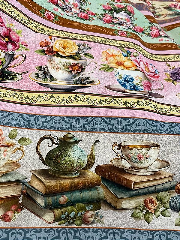 Tricoline Digital 10 Faixas com Estampa de Flores, Xícaras e Livros - Jotalira Tecidos