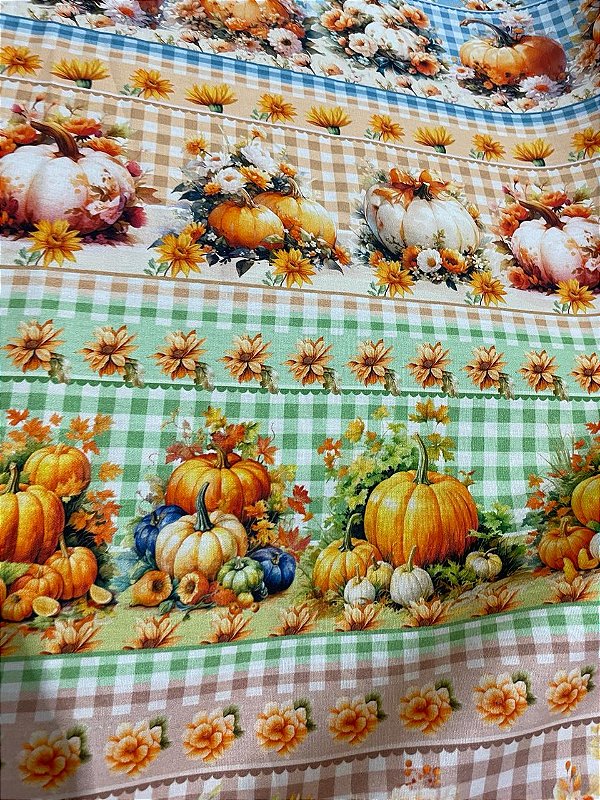 Tricoline Digital com 10 Faixas de Estampas de Abóboras 100% Alg. - Jotalira Tecidos