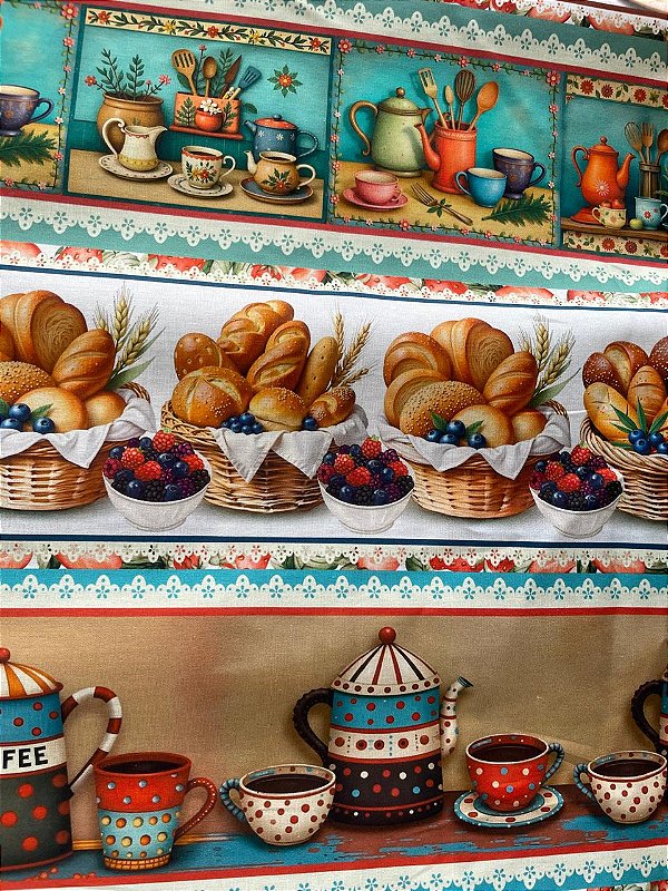 Tricoline Digital 10 Faixas Estam. de Café e Croissants 100%alg. - Jotalira Tecidos