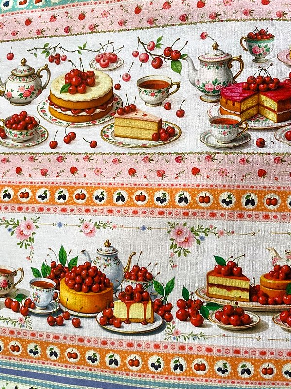 Tricoline Digital com 10 Faixas de Mesa de Chá com Frutas Vermelhas - Jotalira Tecidos