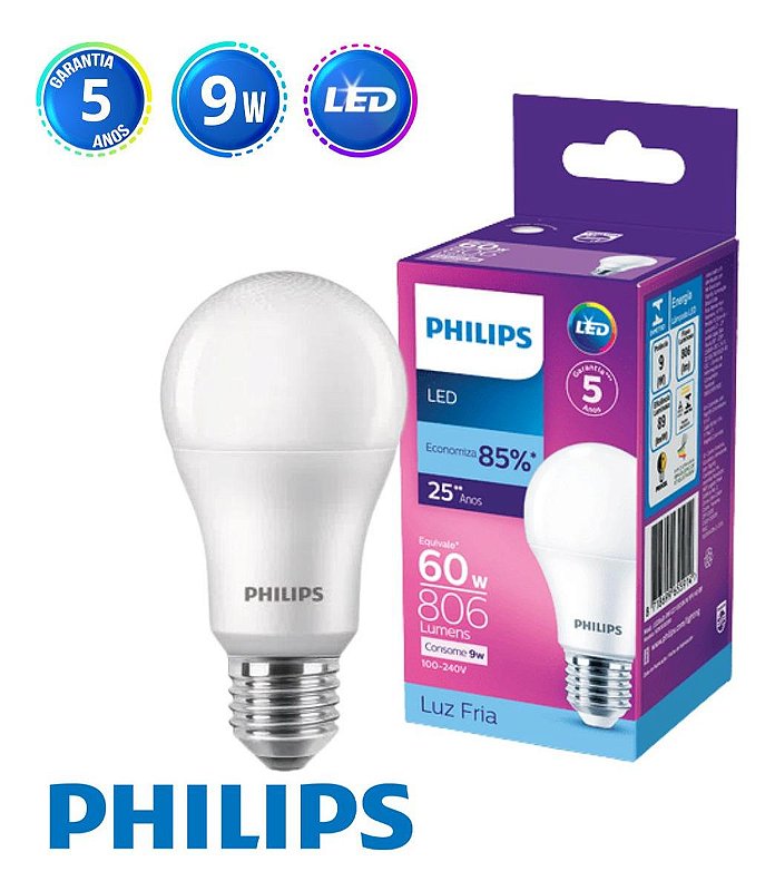 Lampada LED Bulbo 9W E27 806lm Bivolt 6500K Luz Fria - Philips - Loja ...