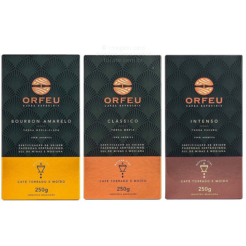 Café Orfeu Torrado e Moído Clássico, Intenso e Bourbon Amarelo - Locafé