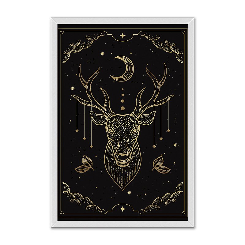 Quadro Decorativo Mistico Cervo Lua Detalhes Dourado - Deliquadros