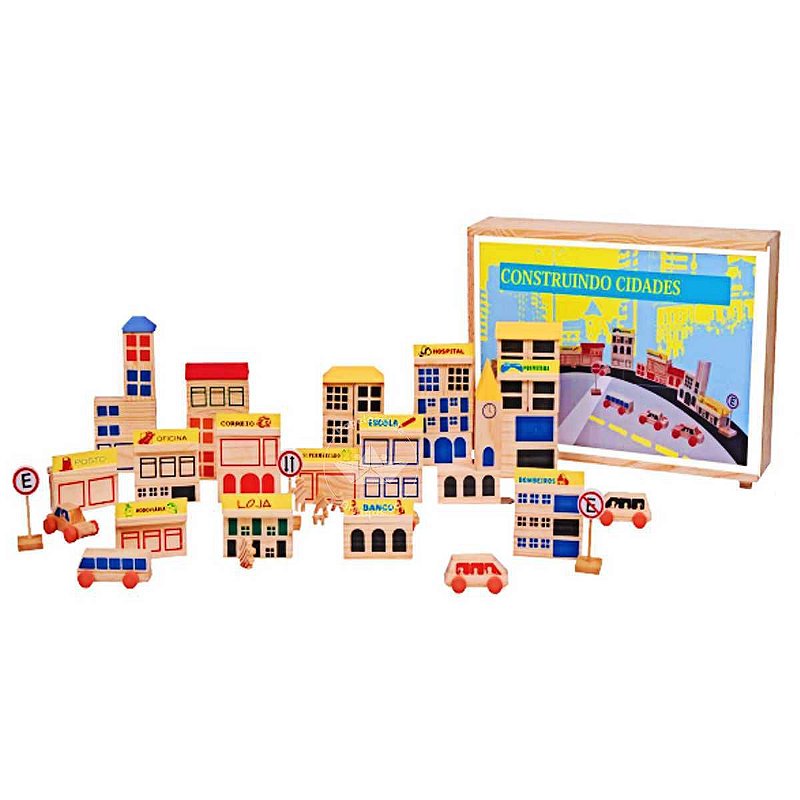 Kit Construindo Cidades Madeira City 85 Blocos Criativo - Papelaria de ...
