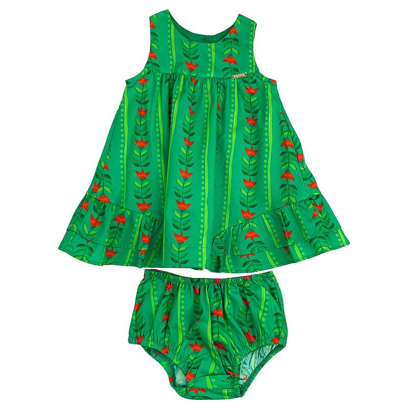 VESTIDO BEBÊ ESTAMPA JARDIM DE TULIPAS FUNDO VERDE - Precoce