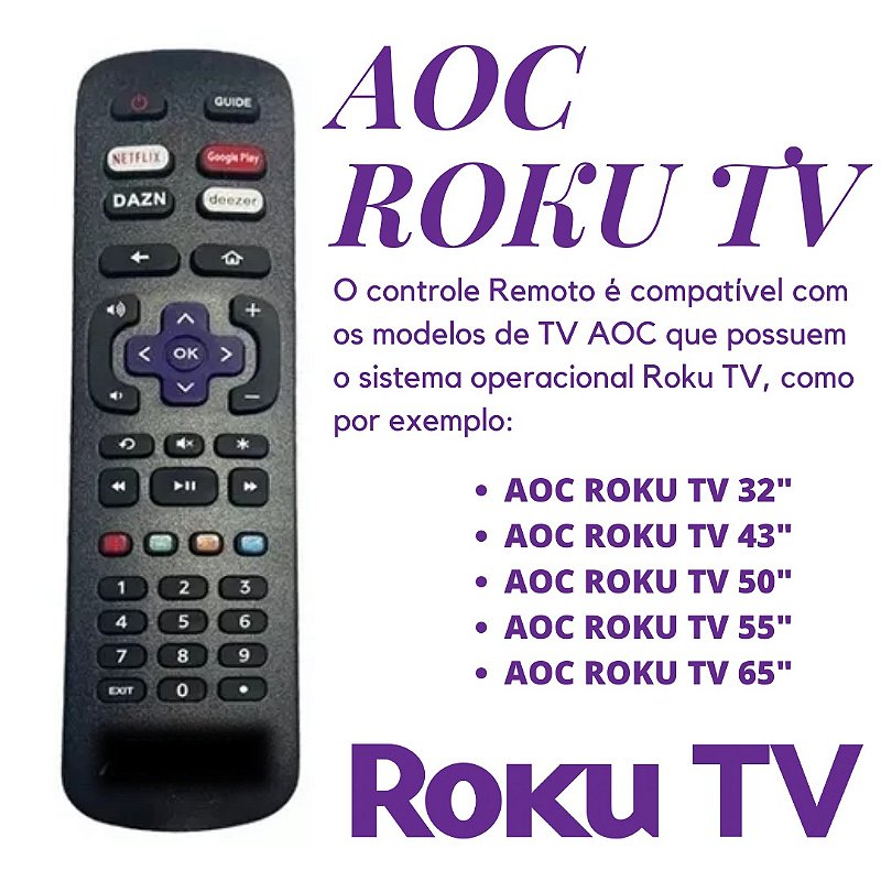 "Controle Remoto para TV AOC ROKU LED SMART - Modelos 32", 43", 50", 5 ...