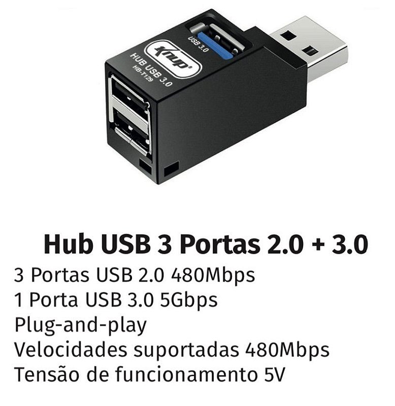 Hub USB 3 Portas 2.0 + 3.0 3 Portas USB 2.0 480Mbps 1 Porta USB 3.0 ...