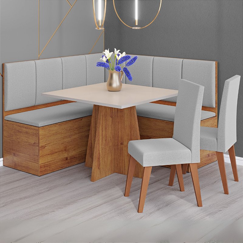 Conjunto Canto Alemão + Mesa Mon/Soberano Mel/Blonde + 2 Cadeiras Milão Mel/Linho Inox - Viero ...