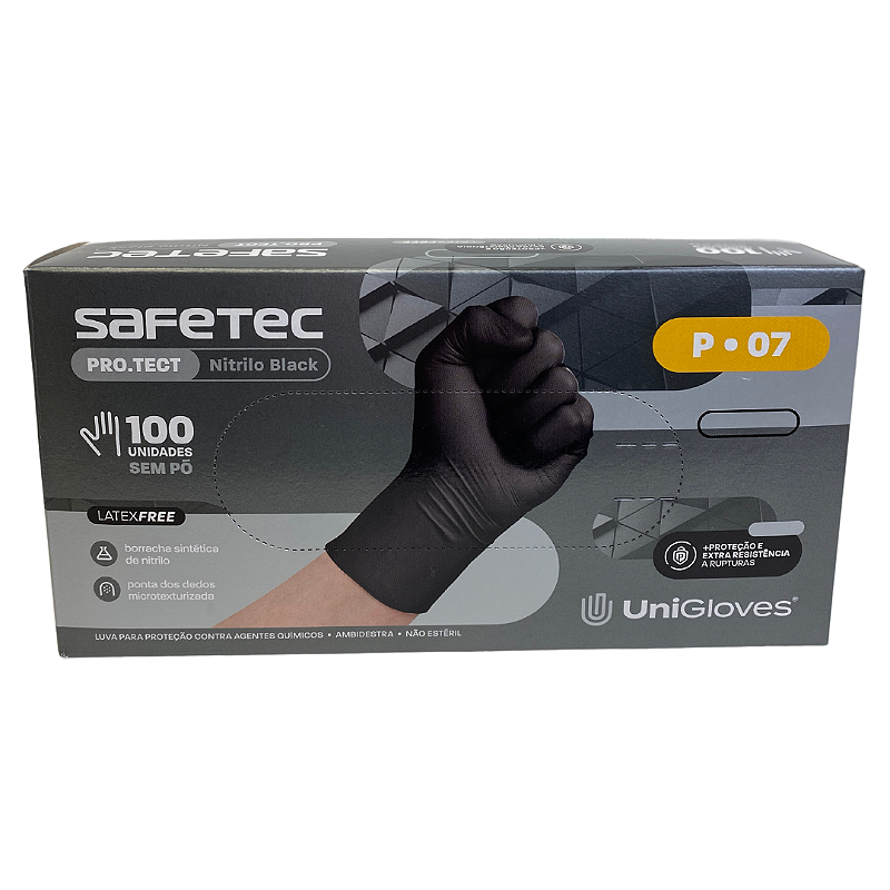 Luva Preta Nitrilo Safetec Tamanho P - LatexFree Sem Pó - Unigloves ...