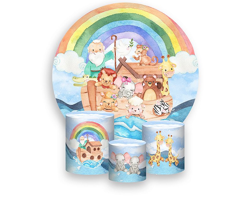 Painel De Festa Redondo 1,50 x 1,50 + Trio De Capas Cilindro - Arca de Noé Arco-Íris 002 - Via ...