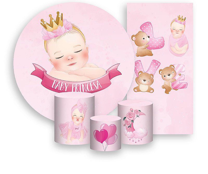 Painel De Festa + Trio De Capas Cilindro + Faixa Veste Fácil - Chá de Bebê Menina Rosa 001 - Via ...