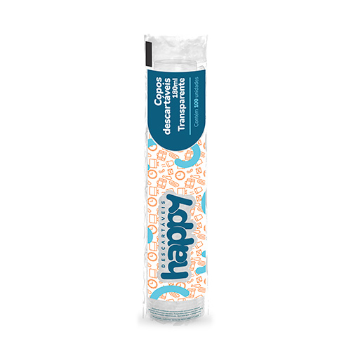 Copo de plástico PS transparente p/ água 180ml pacote c/ 100 un Happy - Minaplast - Copapel Store