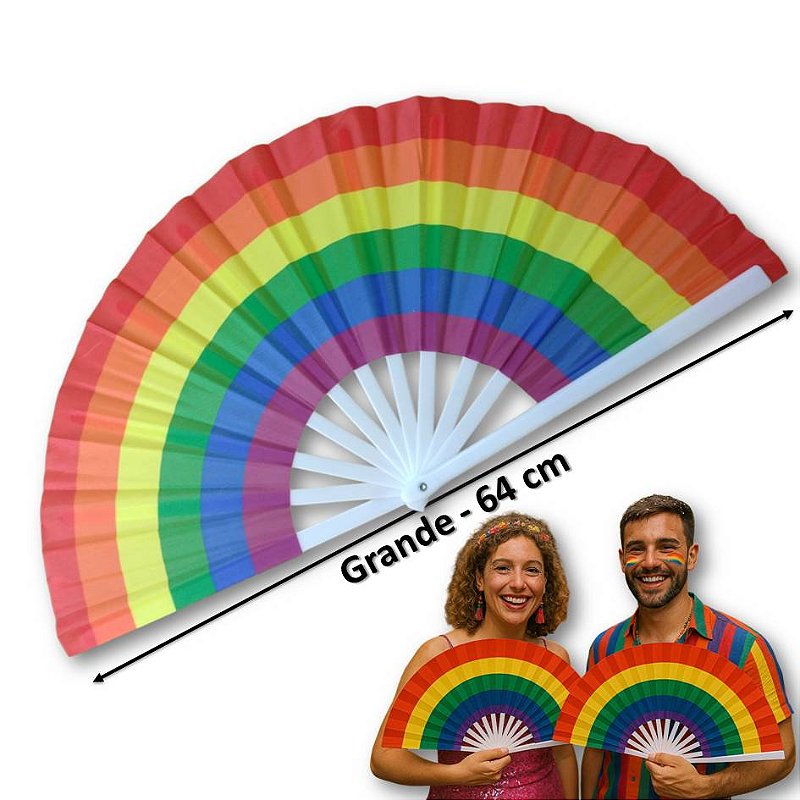 Leque Grande Colorido Arco Iris 64cm - Loja Festas Brinquedos