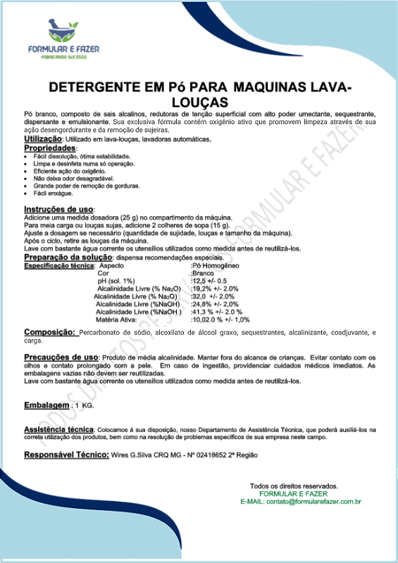 FORMULAÇÃO DETERGENTE EM PÓ PARA MAQUINAS LAVA-LOUÇAS - FORMULAR E FAZER