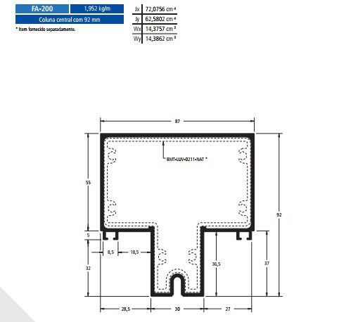 FA-200 11.71 KG POR BARRA 6,00 ML FACHADA ATLANTA ESQUADRIA DE ALUMIN - ALLUWEB SHOPPING DO ALUMINIO