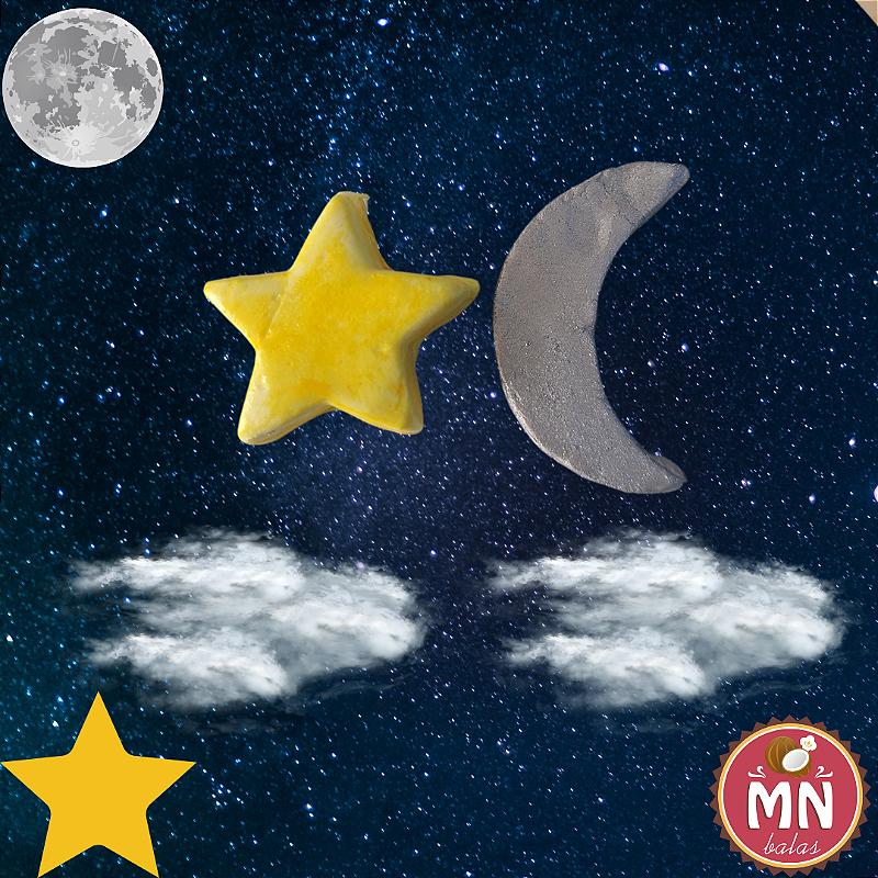 Kit 50 balas de coco de lua prateada e estrela - MN Balas de Coco