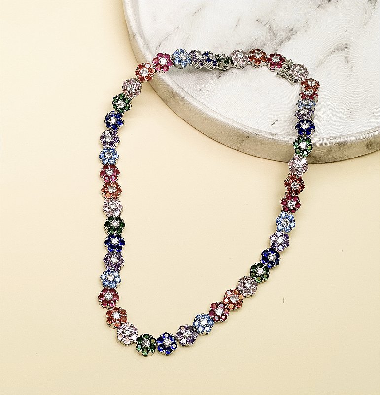Colar FLOWER riviera color folheada a prata com zirconia premium - Zab ...
