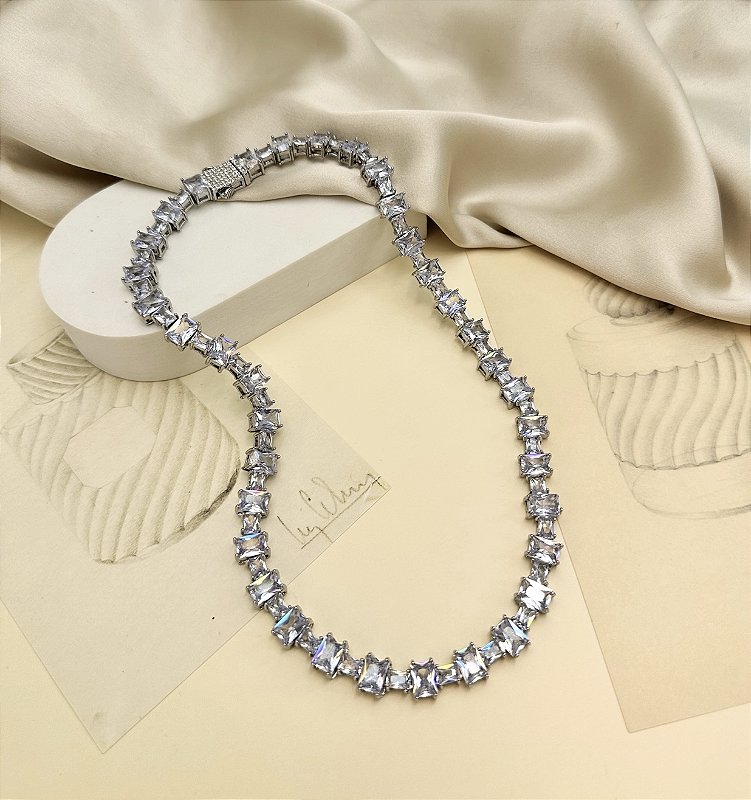 Colar SHAKIRA riviera retangulo folheada a prata com zirconia premium ...