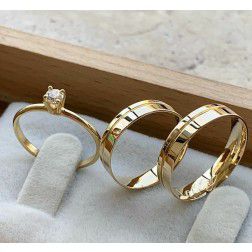 VL 2266 - Kit Par de Alianças + Solitário em Ouro Amarelo 18K ...