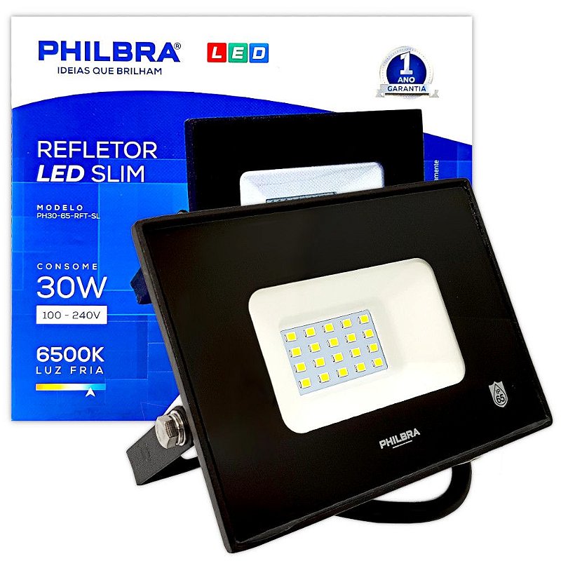 Refletor LED Holofote Slim 30W Bivolt Prova Dágua 6500K - GFTech Acessórios