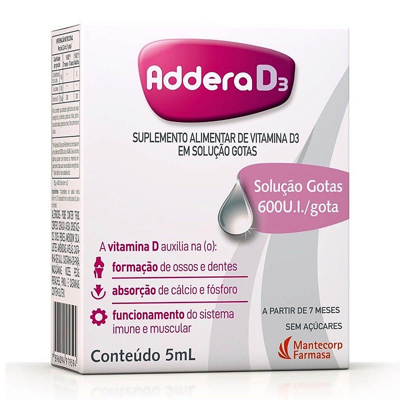 Suplemento Alimentar Addera D3 600UI Solução Em Gotas 5ml - Resilifarma ...