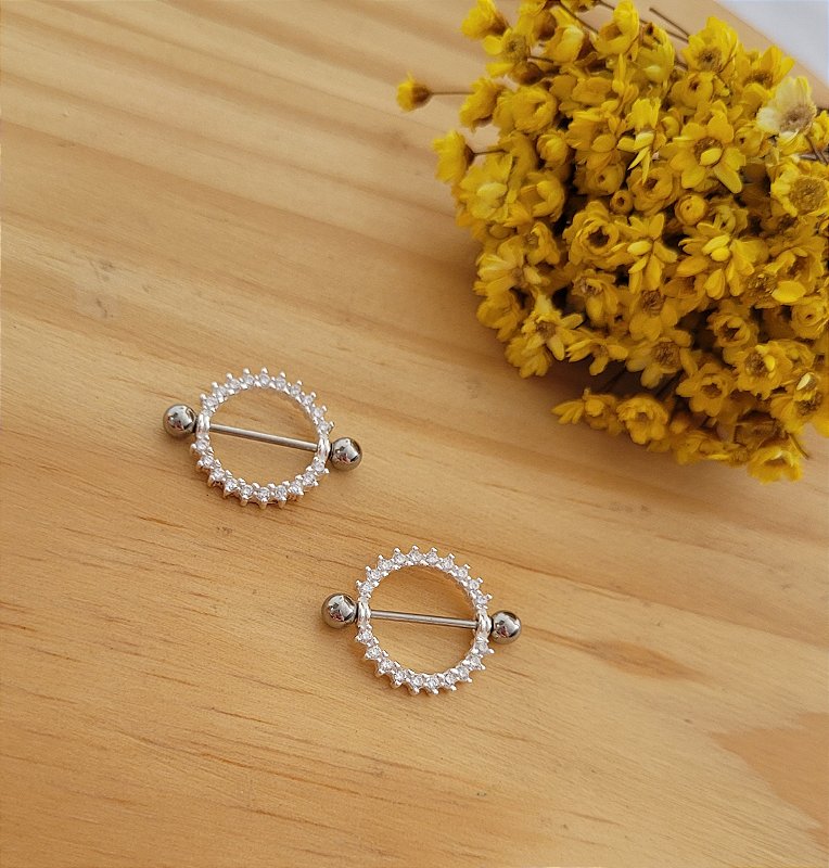 Piercing Cravejado Branco (mamilo) - Prata 925 - M3F JOIAS ATACADO