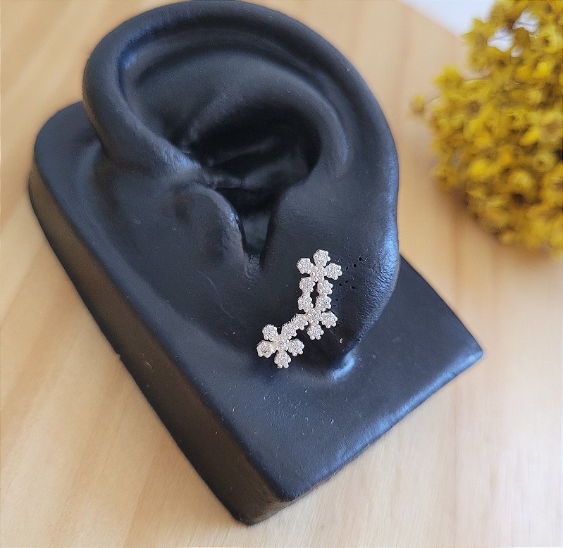 Brinco Ear Cuff Flores Cravejadas - Prata 925 - M3F JOIAS ATACADO