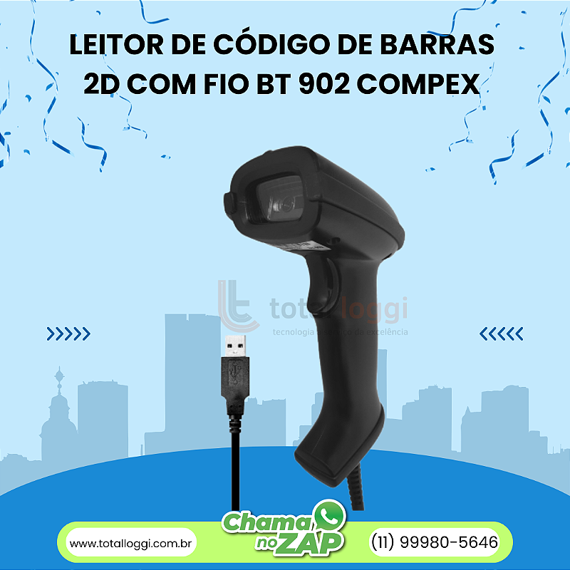 Leitor de código de barras 2D com fio BT-902 Compex - Total Loggi