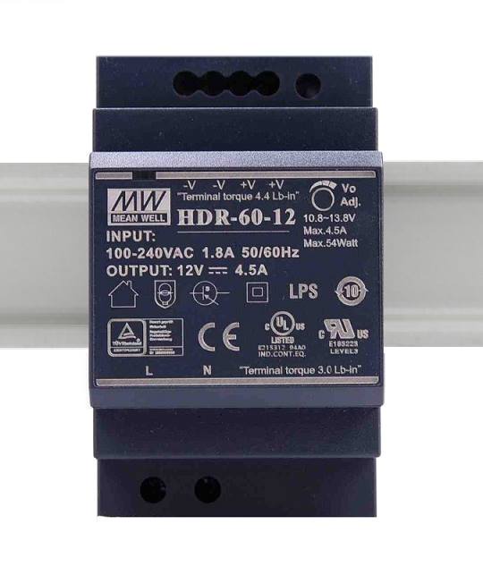 HDR-60-12 FONTE CHAV IND 12V 5A TRILHO DIN - M-E2Tech