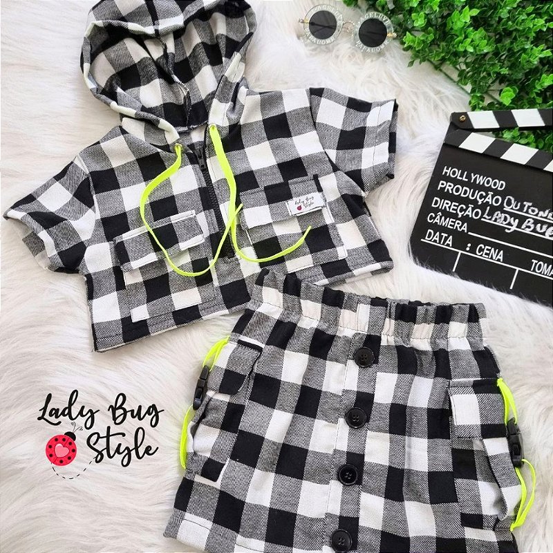 Xadrez, Flanela, Saia, Cropped, Neon - LadyBug Style