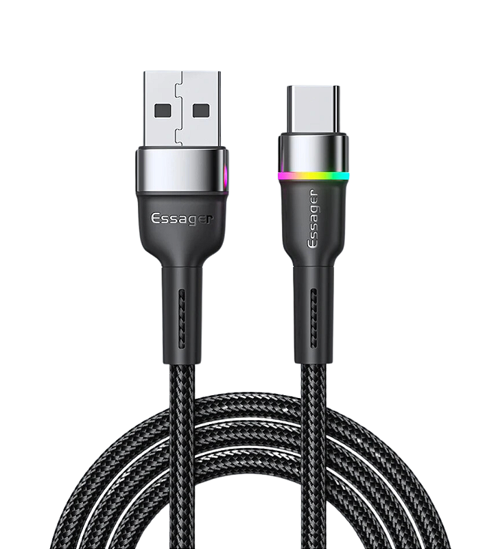 Cabo USB Tipo C Rápido 3A Max de Nylon Com LED RGB Essager - Mamba Games
