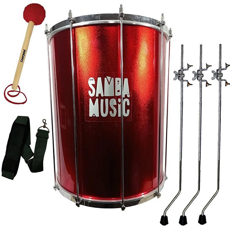 Kit Surdo Madeira Samba Music 60x20 Vermelho Pele Animal C/ Tripé Com ...