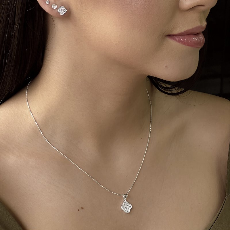 Conjunto Trevo Cravejado Prata 925- MCJ49-3895 - PRATA 925