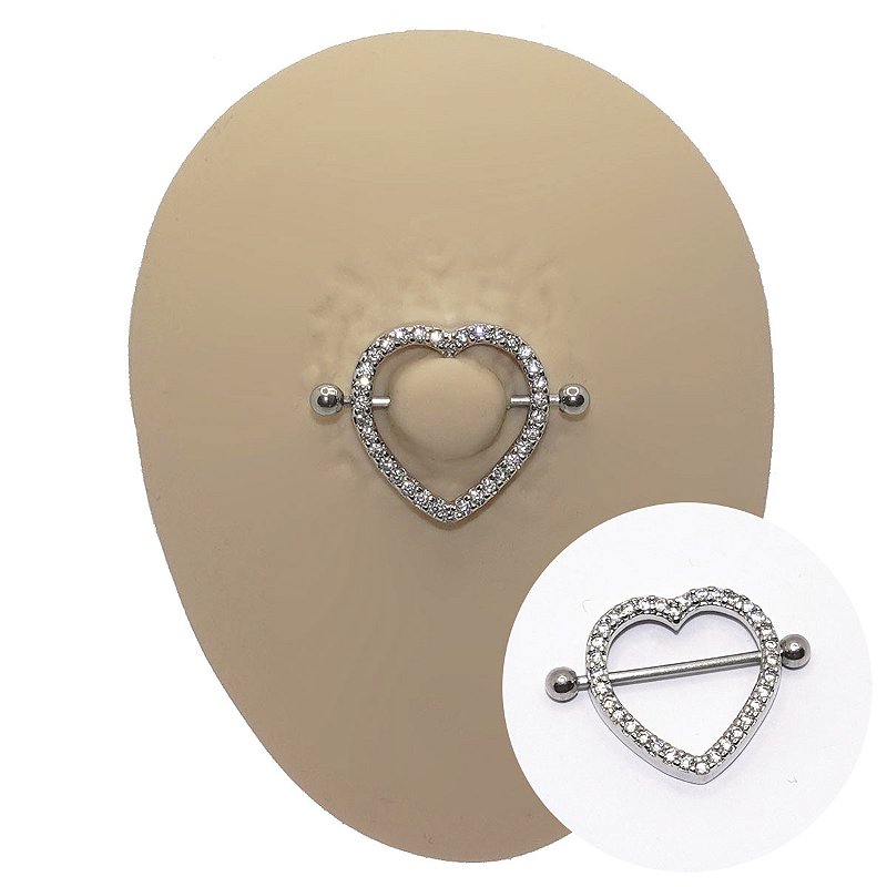 Piercing Mamilo Folheado Coração Cristais - Escola do Piercing