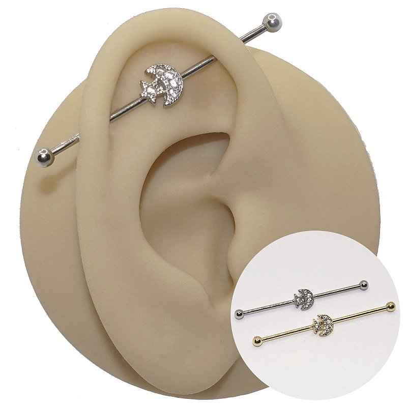 Piercing Folheado Transversal Lua Estrela - Escola do Piercing