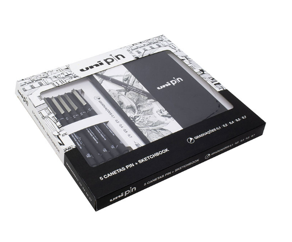 Kit 5 Canetas Pin + Sketchbook Uni Mitsubishi Pencil - Casa Elias
