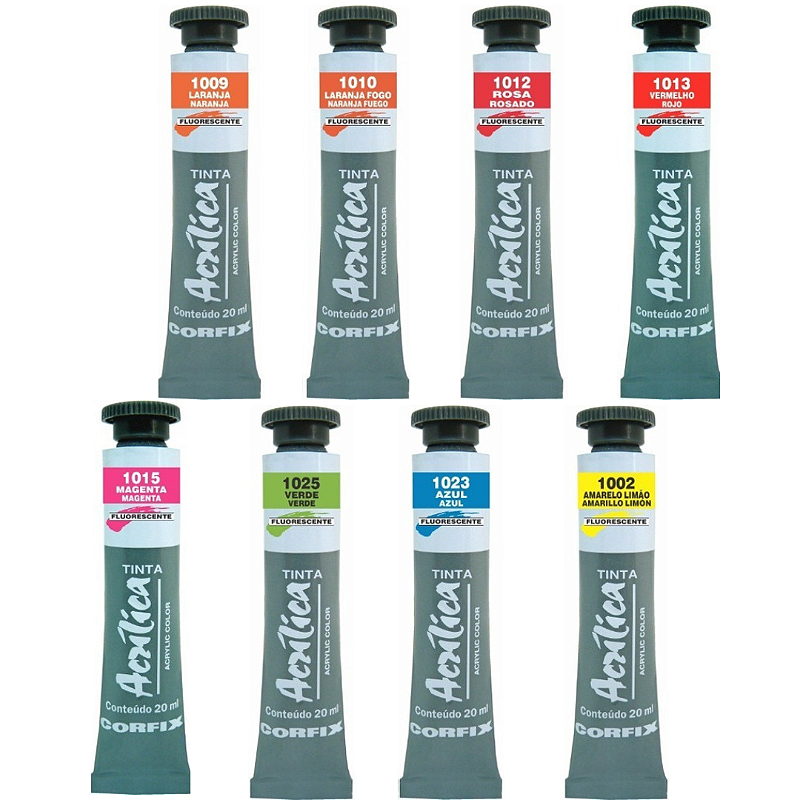 Kit com 8 Cores de Tinta Acrílica Fluorescente Corfix 20mL - Casa Elias