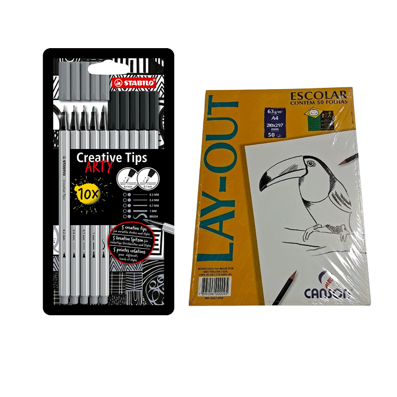Kit Creative Tips Arty Stabilo 10x + Papel Lay-out Canson 63g/m A4 ...