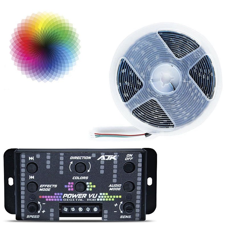 KIT STROBO RGB RITMICO 2.0 C/ 2 FAROIS 3W + ROLO FITA DE LED AJK 2,5M ...