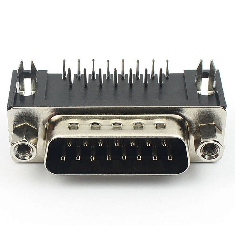 CONECTOR DB15 MACHO 90 GRAUS SOLDA PLACA - RS COMPONENTES ELETRÔNICOS