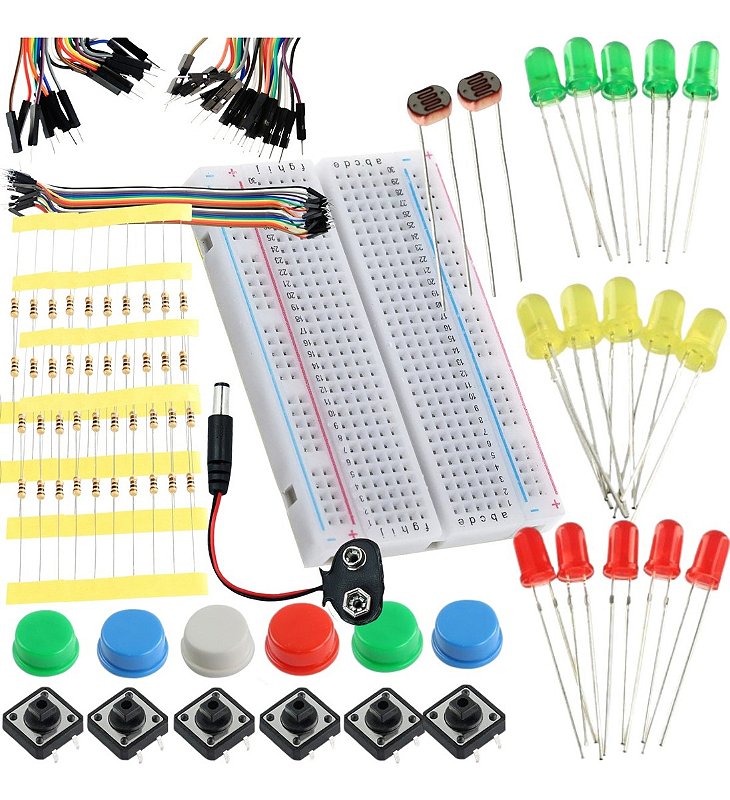 Kit Protoboard 400 Furos + Resistores, LEDs, Botões, Jumpers Arduino ...
