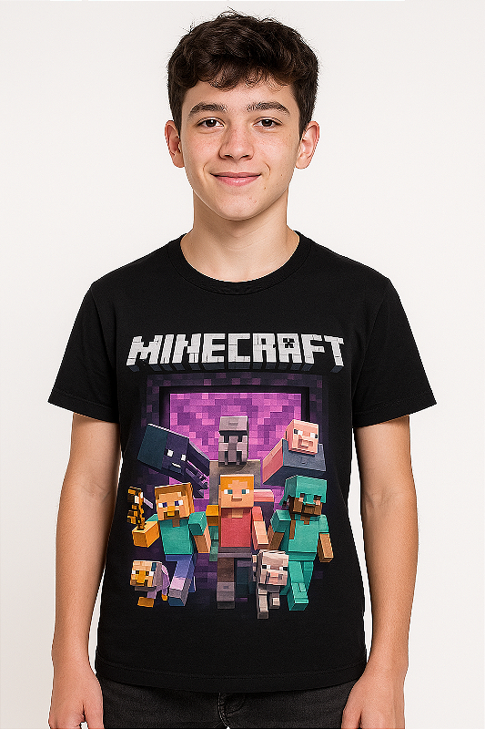 Camiseta preta Minecraft - Pimenta Rosa moda Rock e Geek