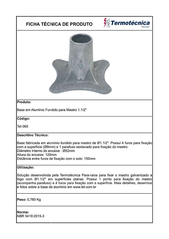 Base Em Aluminio P/ Mastro Diam. 1.1/2 Pol. Nominal Tel-065 Termotécnica - Lumilux Materiais ...