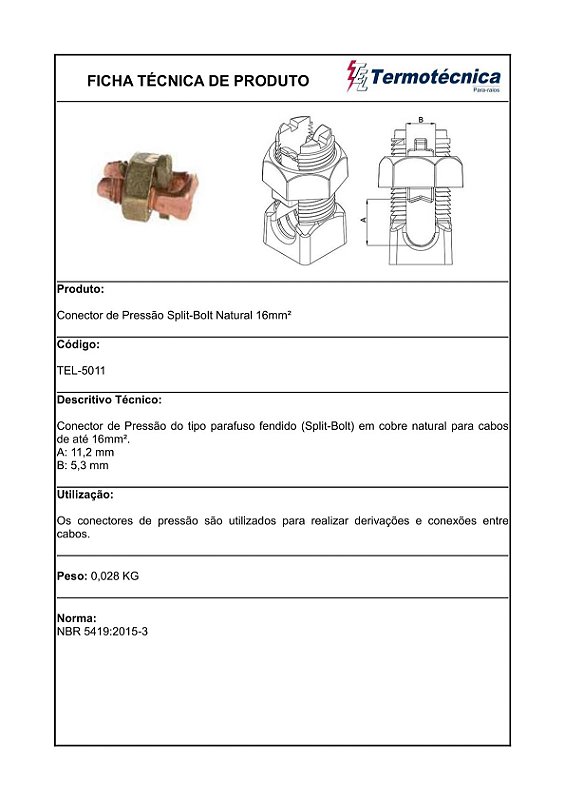 Conector Pressao Split-Bolt 16Mm2 – Acabamento Natural Tel-5011 Termotécnica - Lumilux Materiais ...