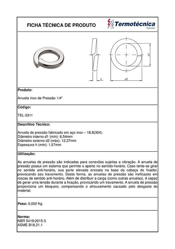 Arruela De Pressao Em Aco Inox Diam. 1/4 Pol. Tel-5311 Termotécnica ...