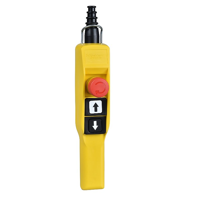 Pendant Control Station, Plastic, Yellow, Pistol Grip, 2 Booted Push Buttons, 1 Emergency Stop ...