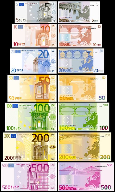 Cédulas do primeiro ensaio do Euro de 2001 - seteprint.com.br